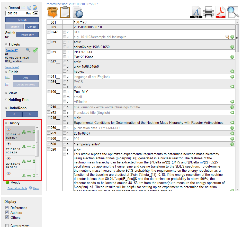 Record revision history – INSPIRE Internal Help